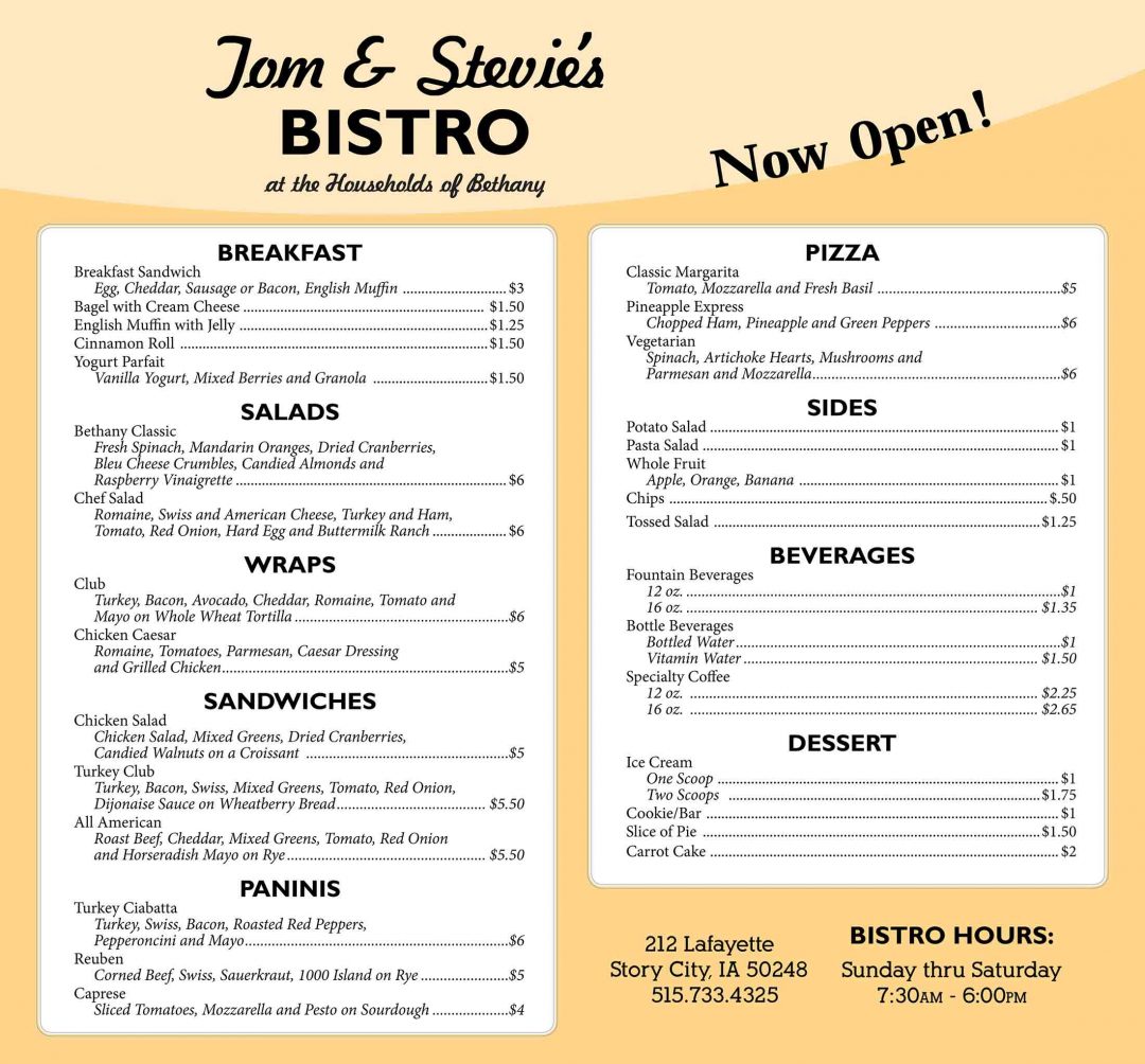 Tom and Stevie’s Bistro is now open! - Bethany Life